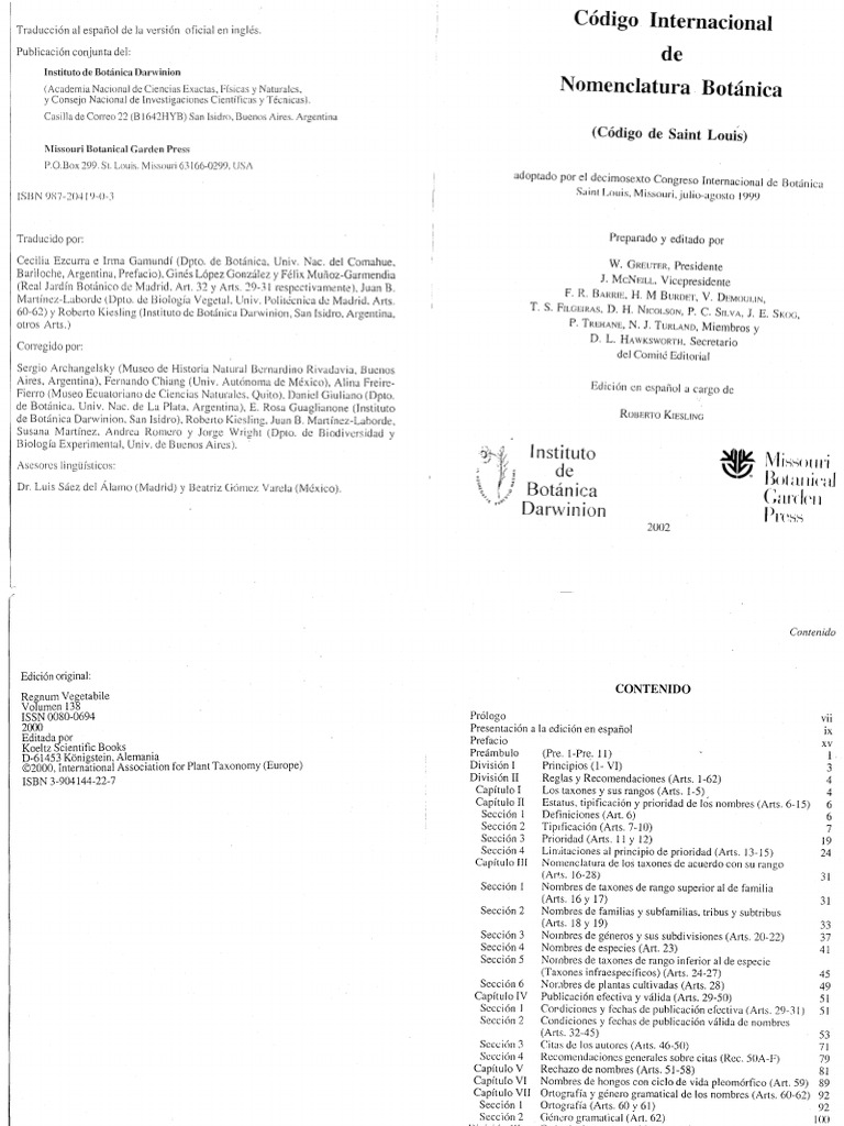 Greuter Et Al 2002 Código Internacional de Nomenclatura Botanica Código de Saint Louis | PDF ...