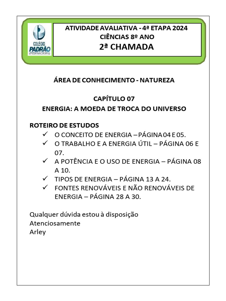 2 Chamada Roteiro de Estudos 8º 4 Etapa | PDF