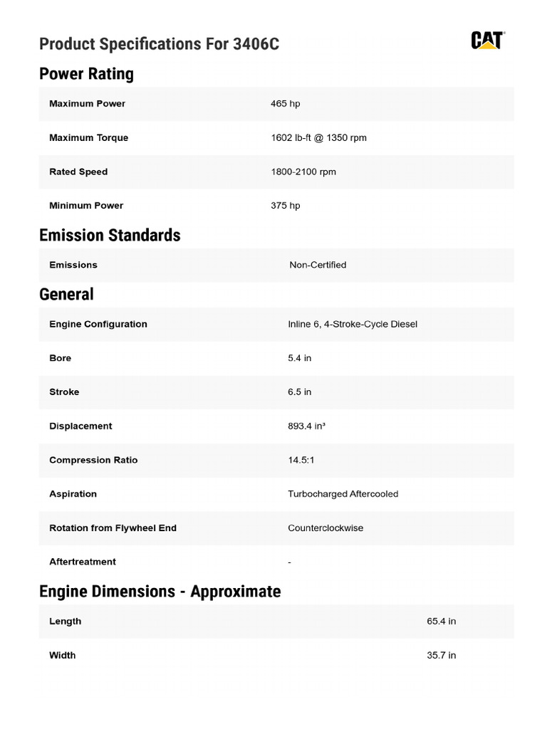 Product Specifications For CAT 3406C Engine | PDF