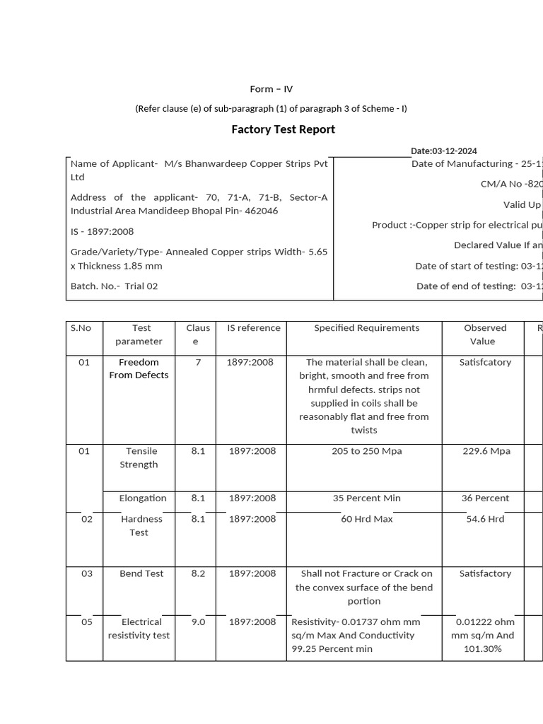 Factory Test Report for Copper Strips | PDF | Fracture | Electrical ...