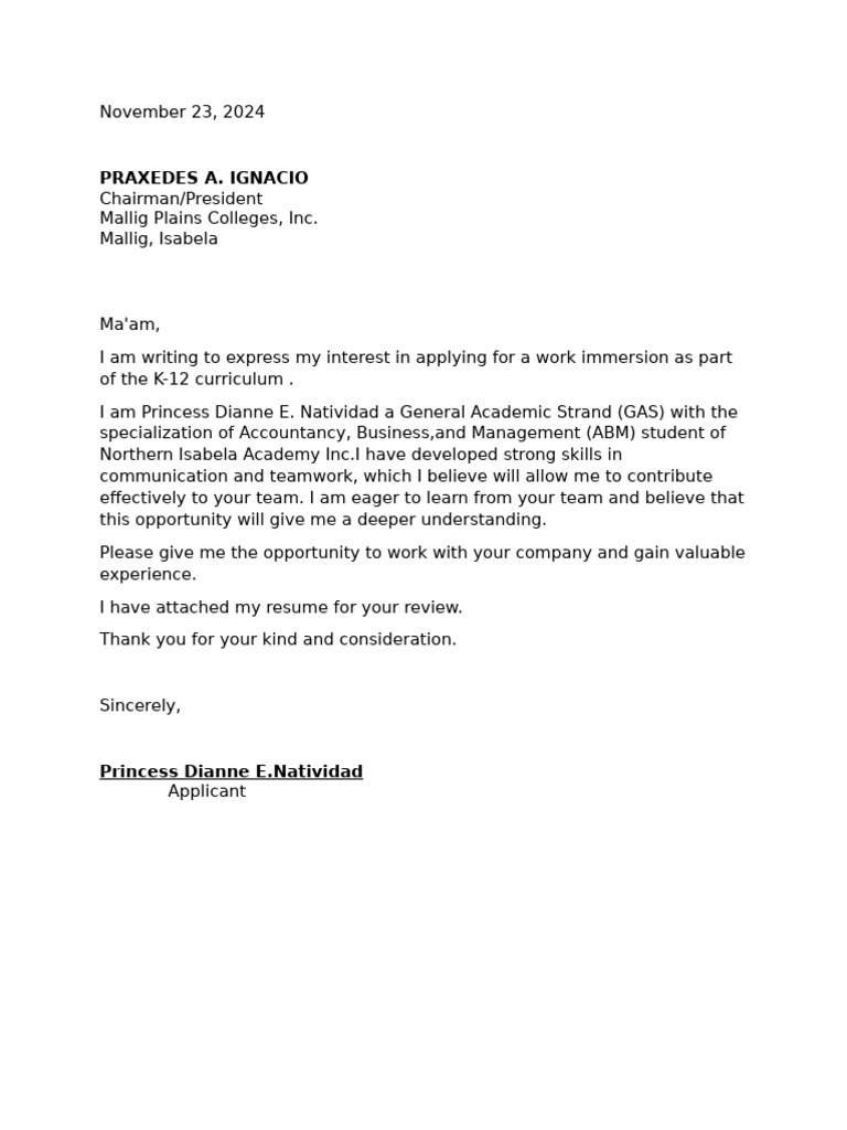 Application Letter PRINCESS | PDF