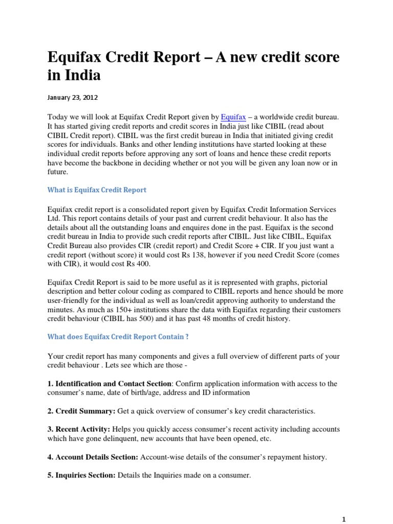 Equifax Credit Report - A New Credit Score in India | PDF | Credit ...