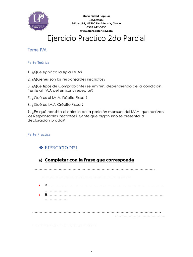 Ejercicio Practico 2do Parcial IVA 2024 2do Cuatrimestre | PDF | Impuesto al valor agregado ...