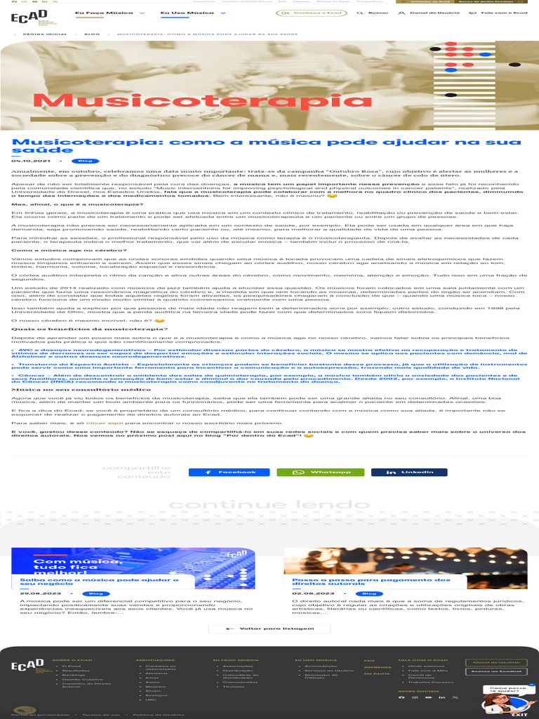 Musicoterapia Como A Música Pode Ajudar Na Sua Saúde - ECAD | PDF | Câncer | Cérebro