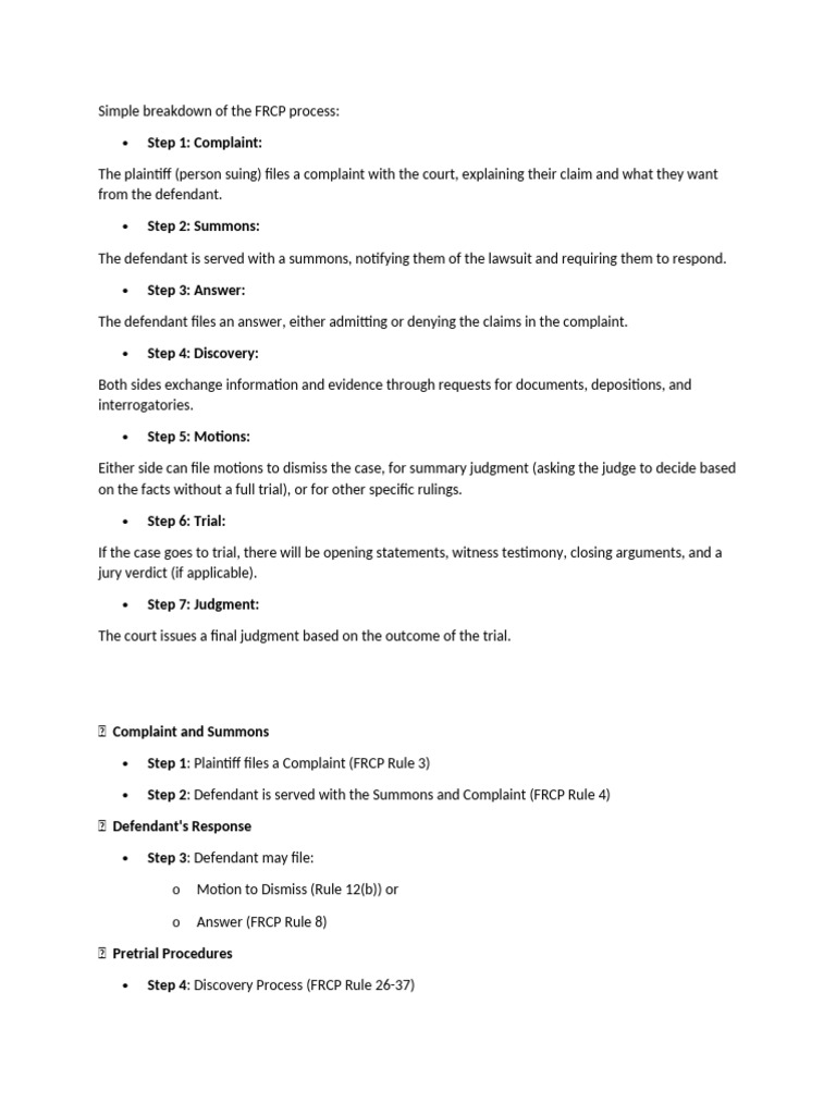 Simple Breakdown of The FRCP Process | PDF | Federal Rules Of Civil ...