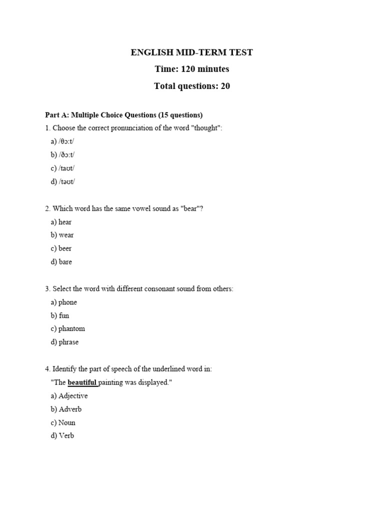 English Mid-Term Test: Grammar & Vocabulary | PDF | Adverb | Adjective