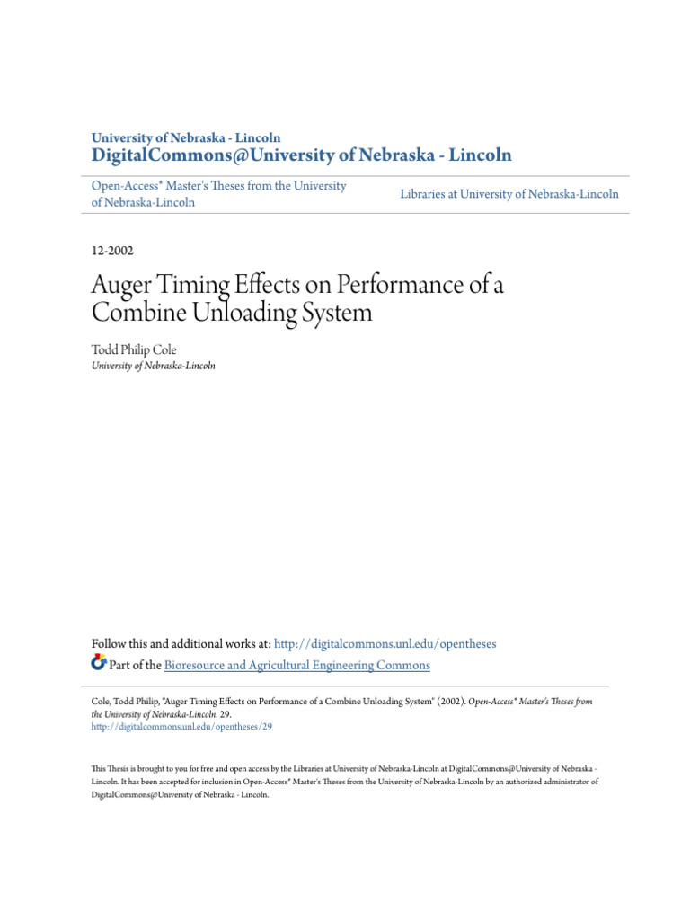 Auger Timing Effects on Performance of a Combine Unloading System(1) | PDF