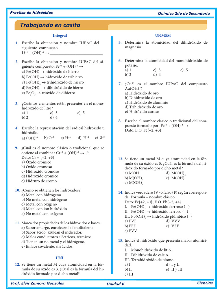 Practica de Los Hidróxidos para Segundo Grado de Secundaria. | PDF | Hidróxido | Rieles