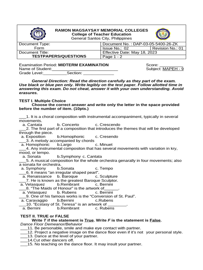 MAPEH EXAMINATION | PDF | Musical Compositions | Tempo