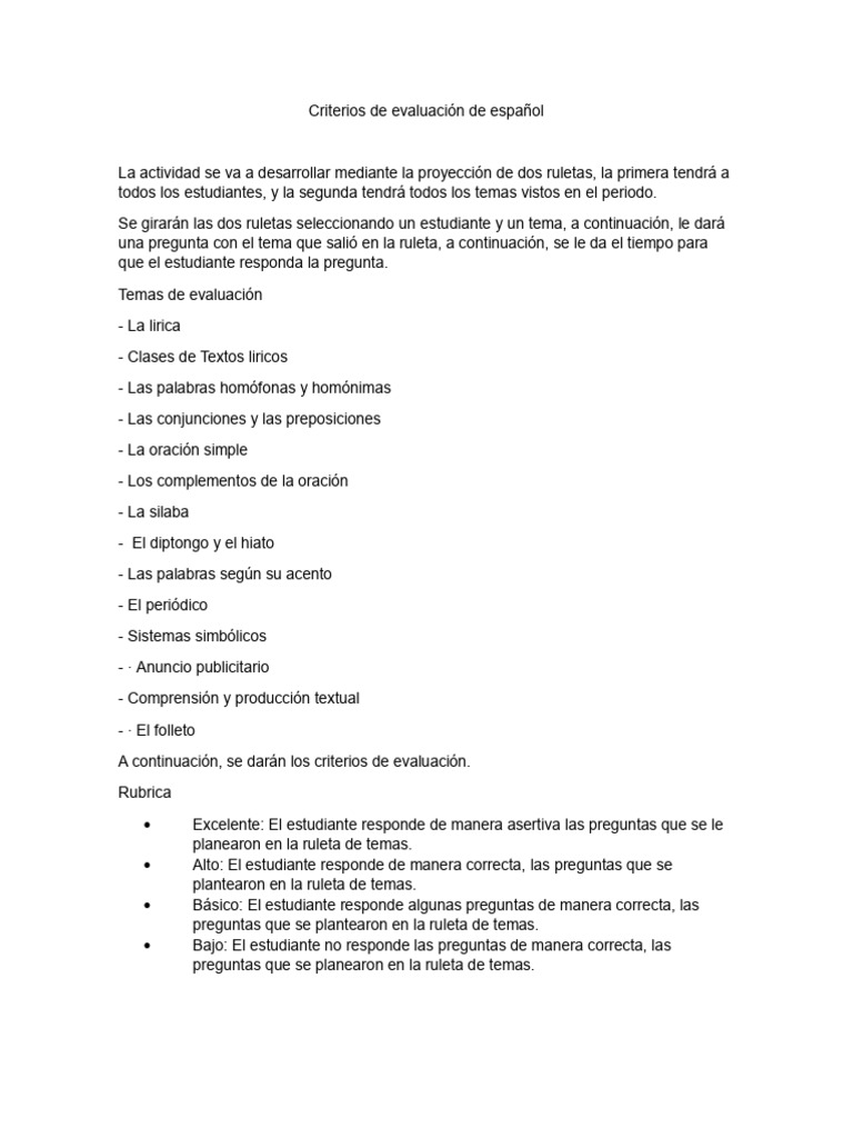 Criterios de Evaluaci N de Espa Ol | PDF