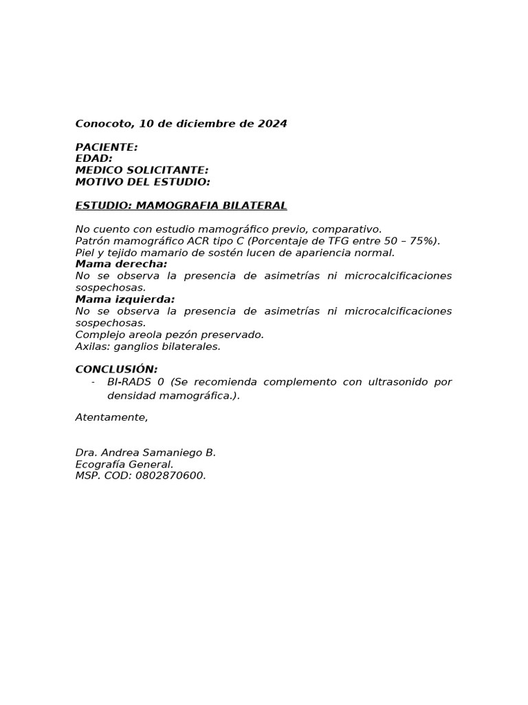 Mamografia Acr 2 Birads 0 | PDF