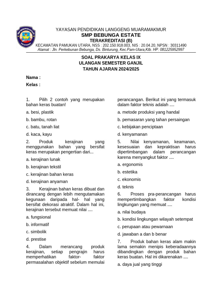 Soal Semester Ganjil Prakarya Kelas Ix | PDF