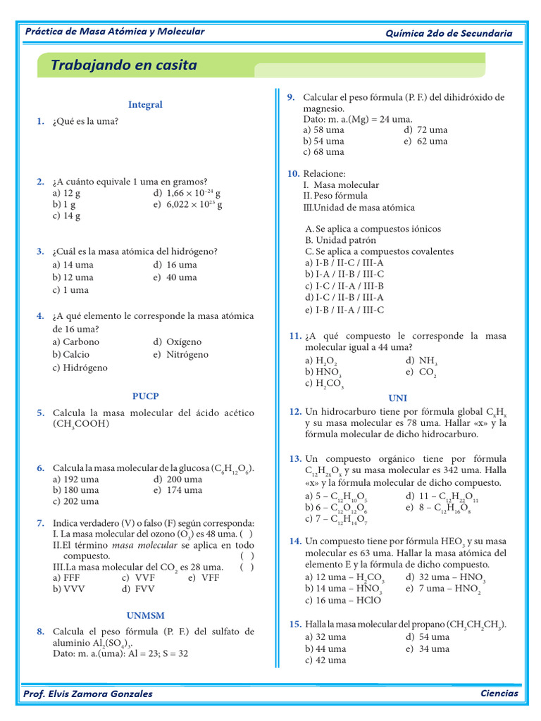 Práctica de Masa Atómica Promedio y Masa Molecular para Segundo Grado ...