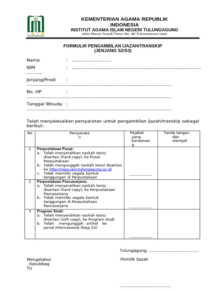 Formulir Pengambilan Ijazah S1 S2 Dan S3 | PDF