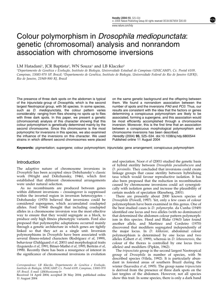 Colour Polymorphism In: Genetic (Chromosomal) Analysis and Nonrandom ...