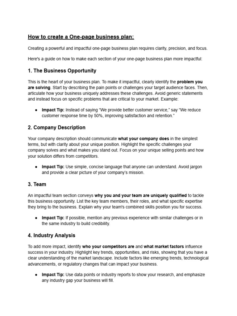 Create An Impactful One Page Business Plan Pdf Marketing