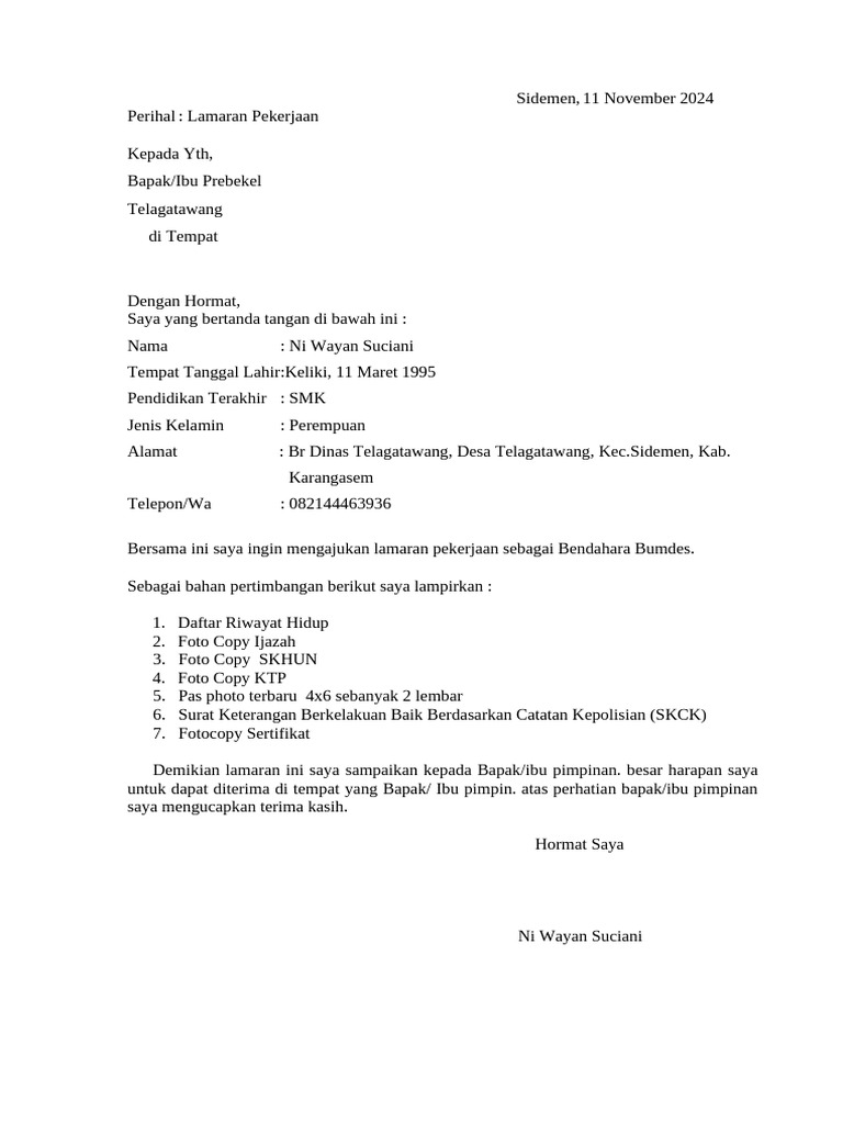 Surat Lamaran Bahasa Indo New | PDF