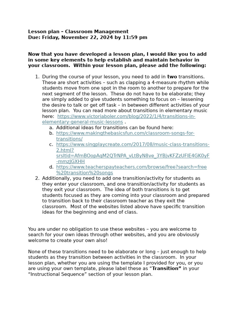 Classroom Management Lesson Plan Transitions | PDF | Lesson Plan ...