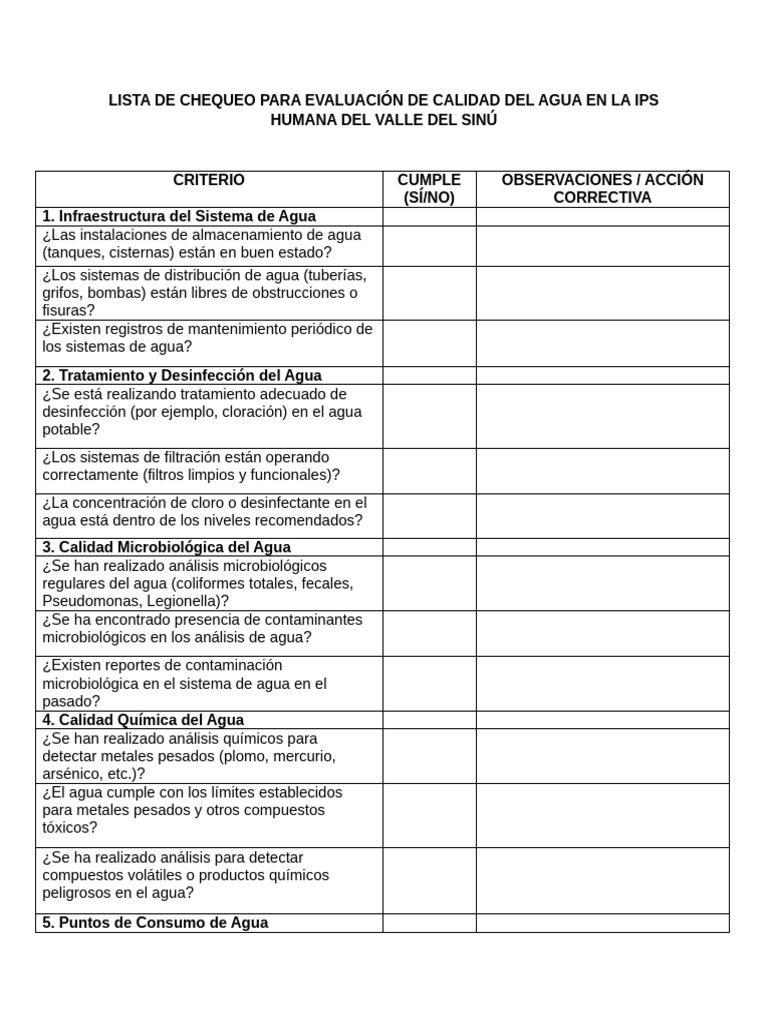 Lista de Chequeo | PDF | Agua | Agua potable