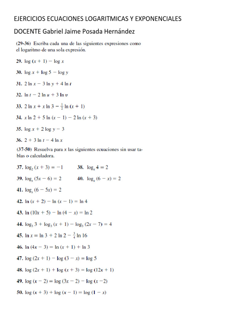 Ejercicios Ecuaciones Logaritmicas y Exponenciales | PDF