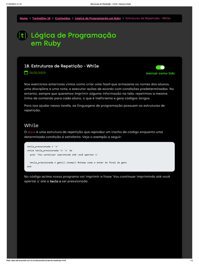 Estruturas de Repetição em Ruby: While | PDF | Ruby (linguagem de ...