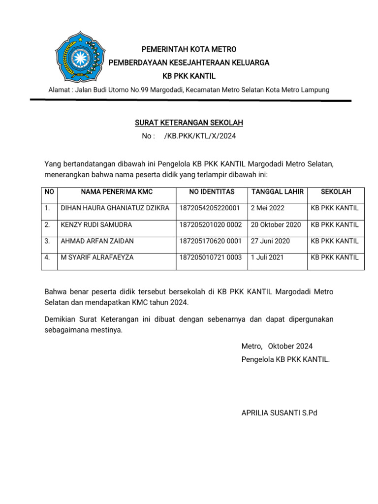 SURAT KETERANGAN SEKOLAH KMC | PDF