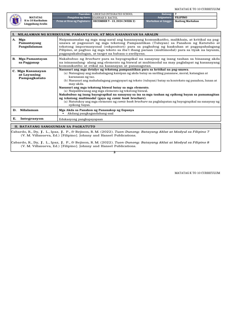 DLL Matatag - Filipino 7 Q3 W2 | PDF