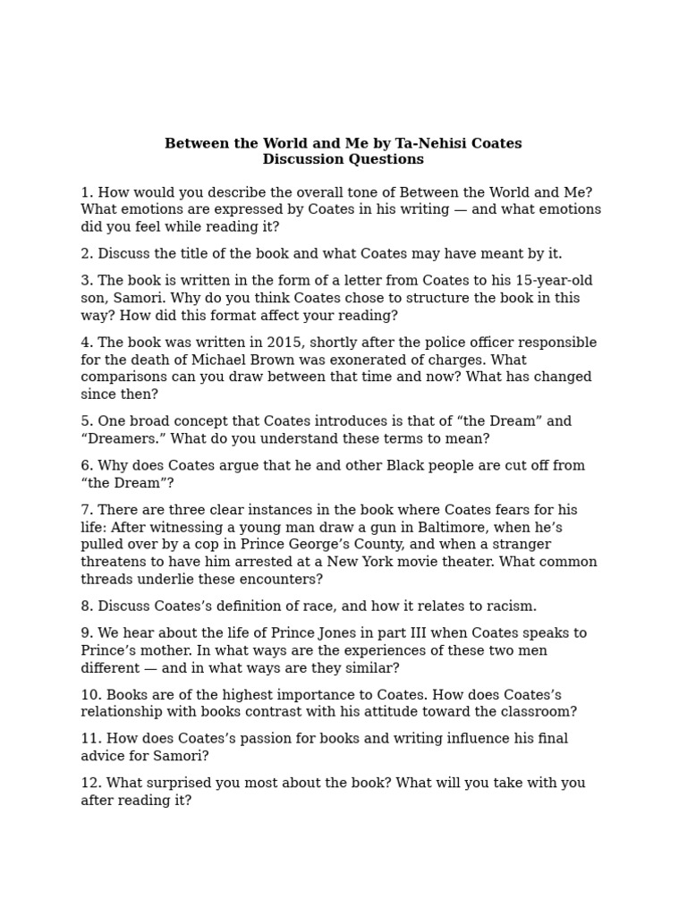 Discussion Questions for Coates' Book | PDF