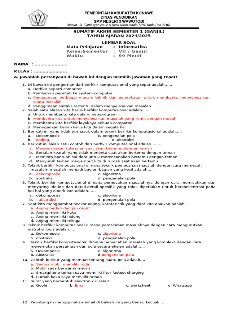 Soal Pas Ganjil Informatika Kelas 7 | PDF