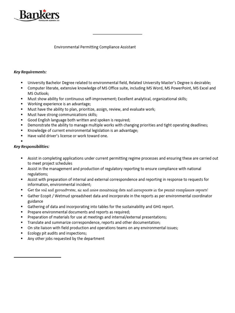 Vacancy Enviromental Permits Compliance Assistant | PDF | Regulatory ...