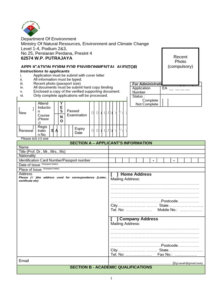 Environmental Auditor Application Form | PDF | Sewage Treatment | Audit