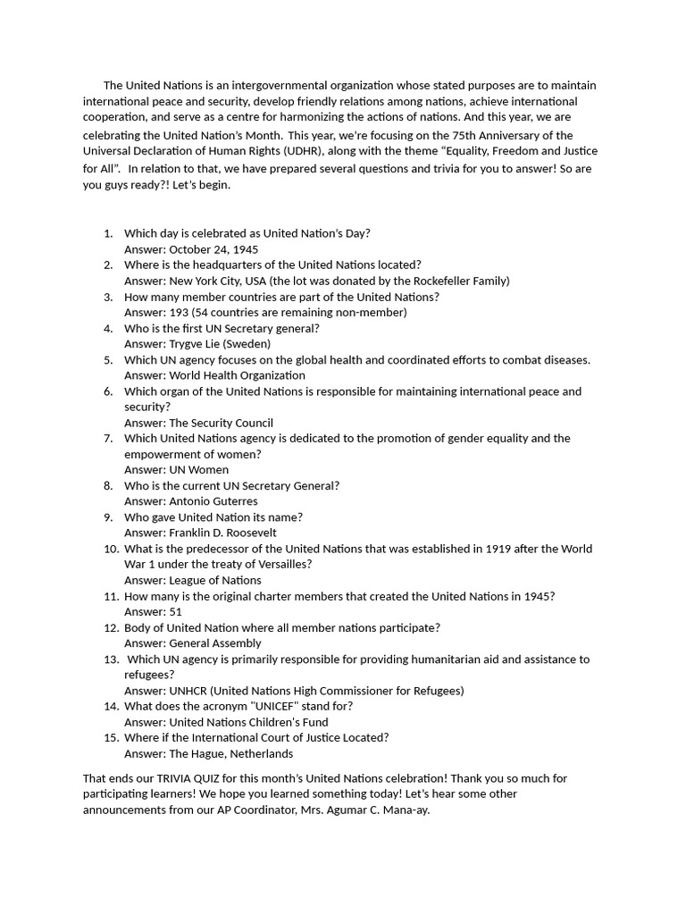 UNITED-NATUIONS-QUIZ | PDF | United Nations | International Relations