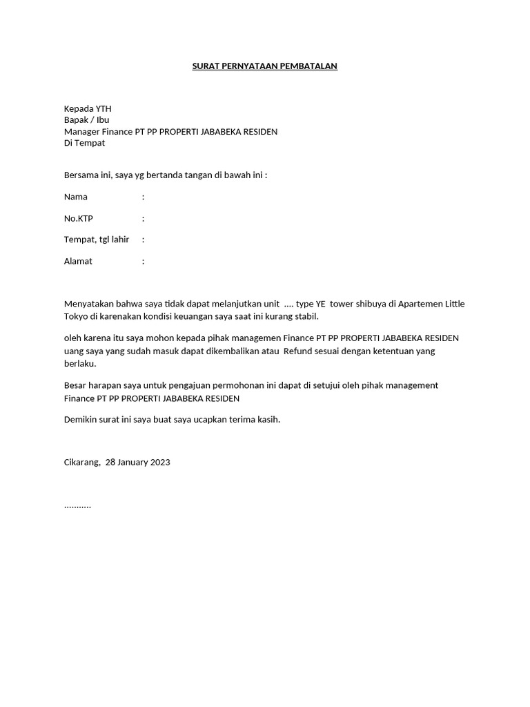 Contoh Surat Pernyataan Batal | PDF