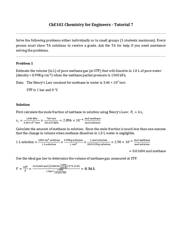 ChE102 - Tutorial 7 Solutions - 1 | PDF | Mole (Unit) | Concentration