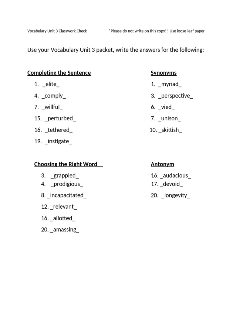 Vocabulary Unit 3 Classwork Check | PDF
