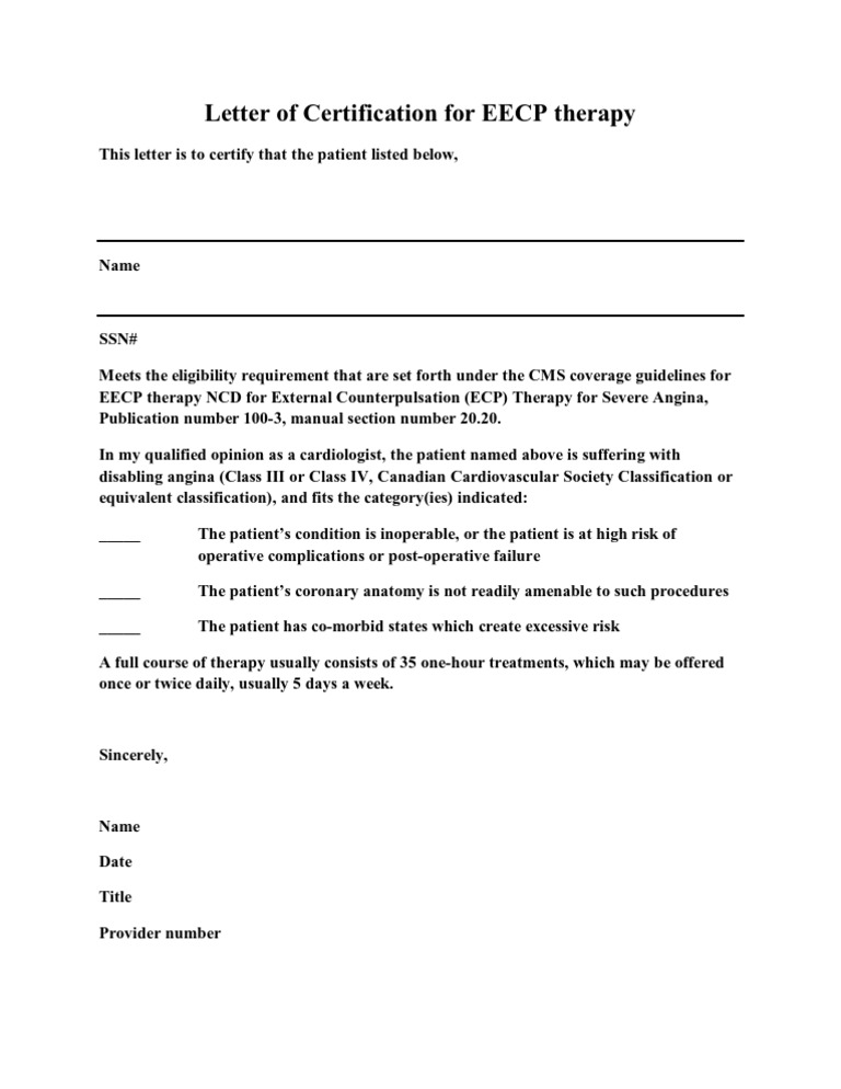 Letter of Certification For EECP Therapy | PDF | Cardiology ...