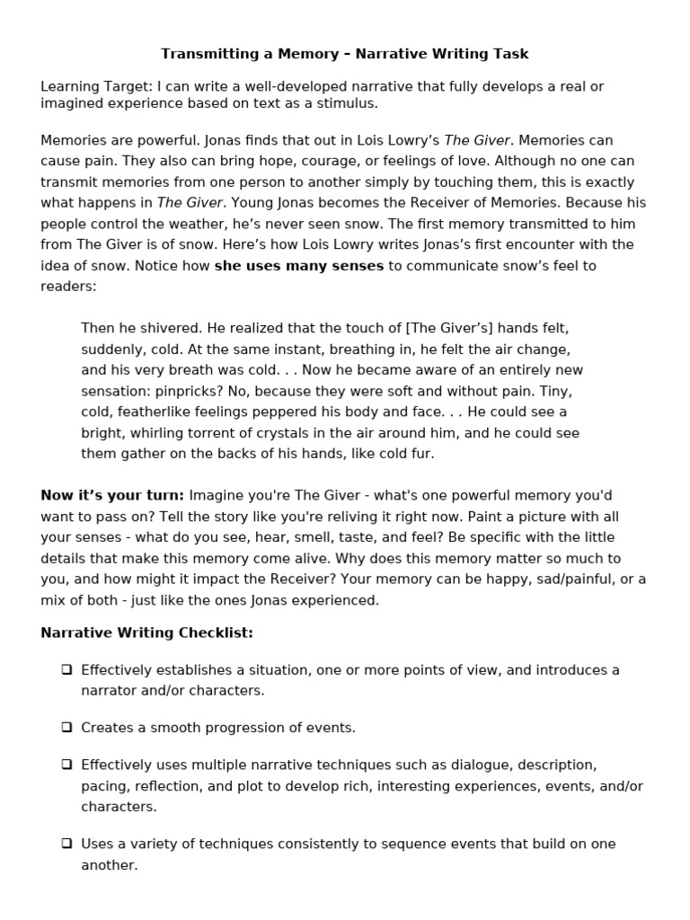 Transmitting A Memory Narrative Writing Task | PDF | The Giver | Senses