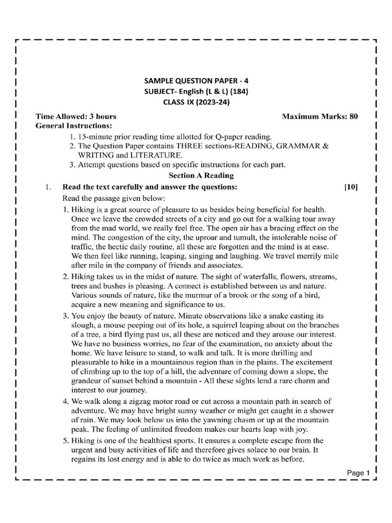 Class 9th English Sample Paper 4 2024 | PDF