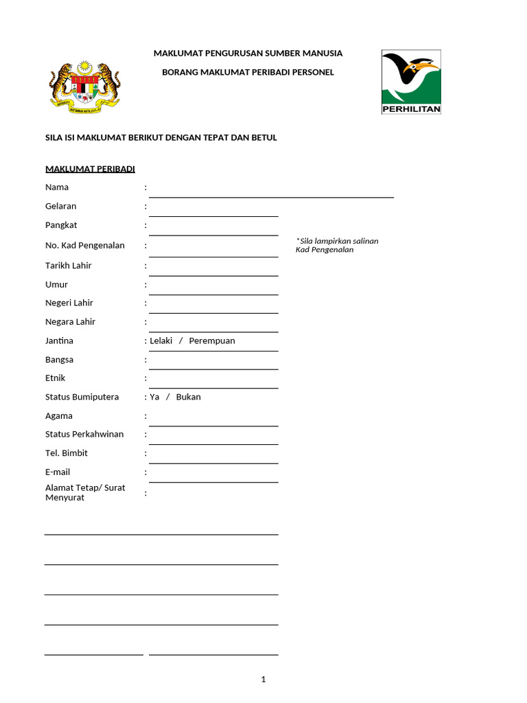 Borang Maklumat Peribadi Personel 2024 | PDF