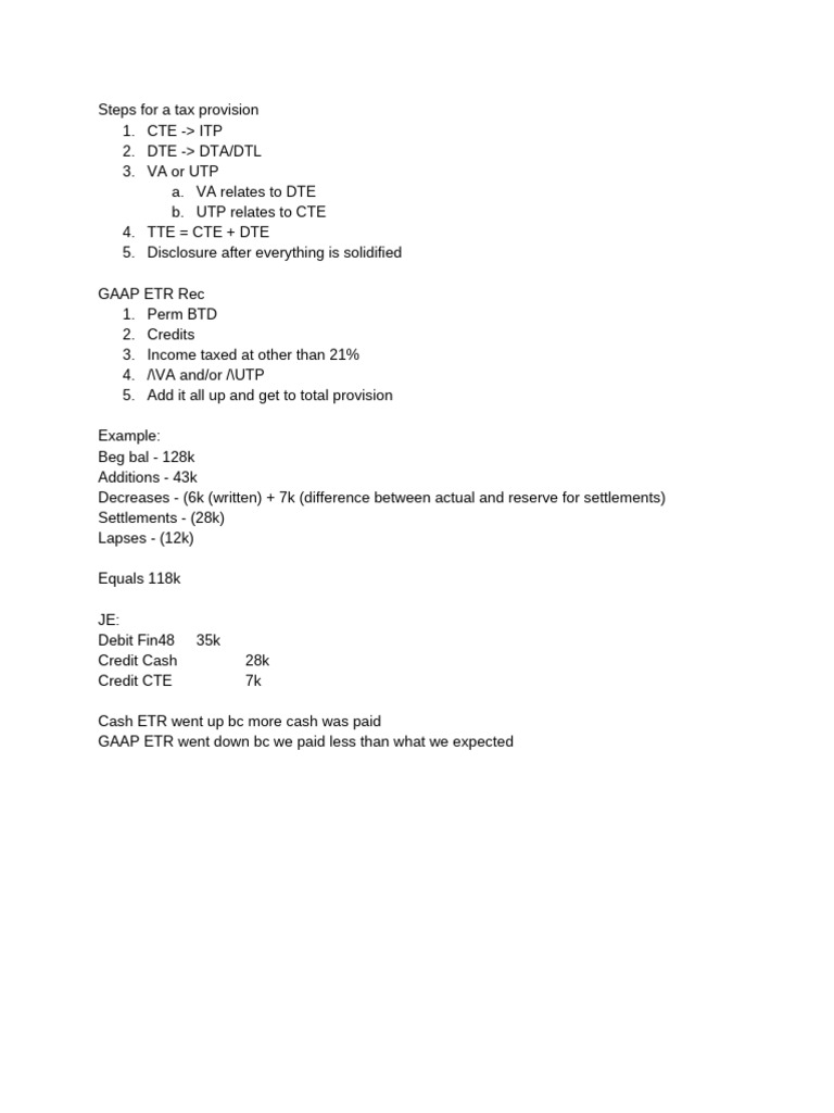 Tax Provision Steps & GAAP ETR Rec | PDF