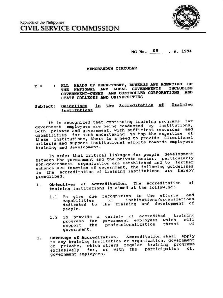 CSC MC No. 9 s1994 Accreditation of Training Institution | PDF