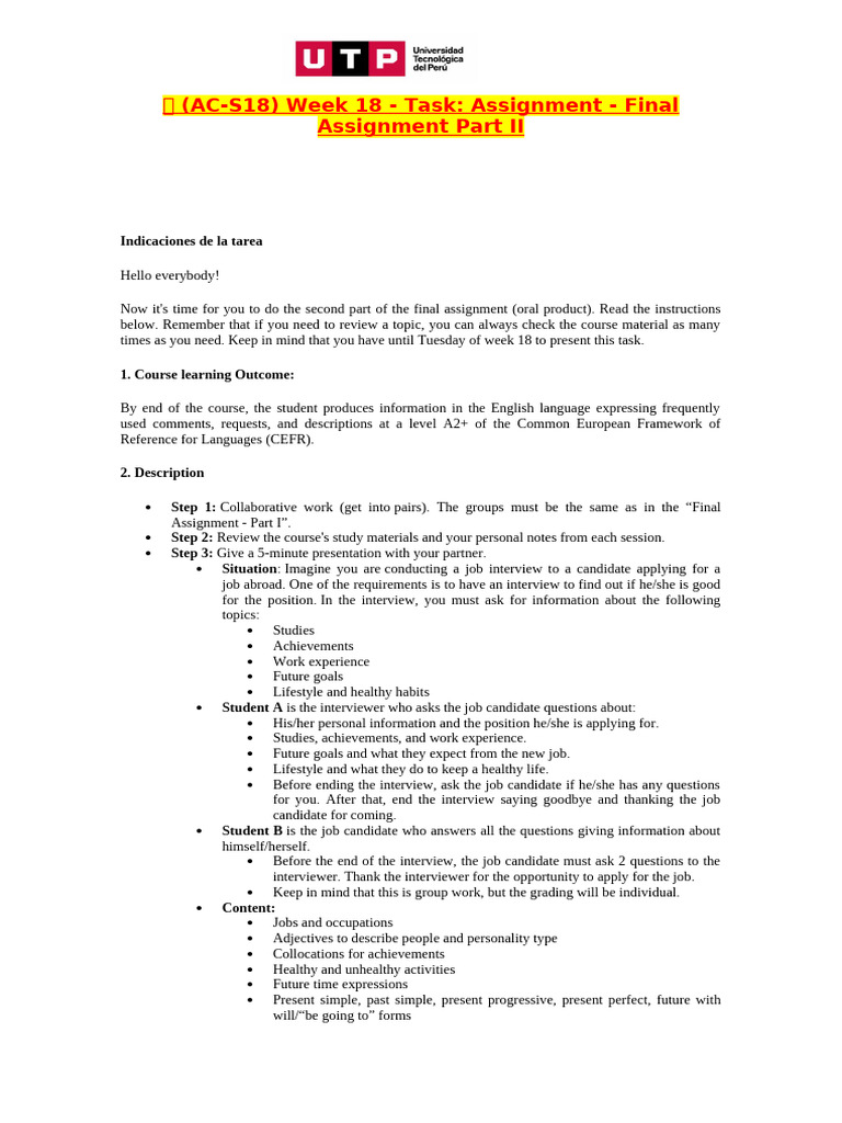 ? (AC-S18) Week 18 - Task Assignment - Final Assignment Part II - INGLES 4 | PDF