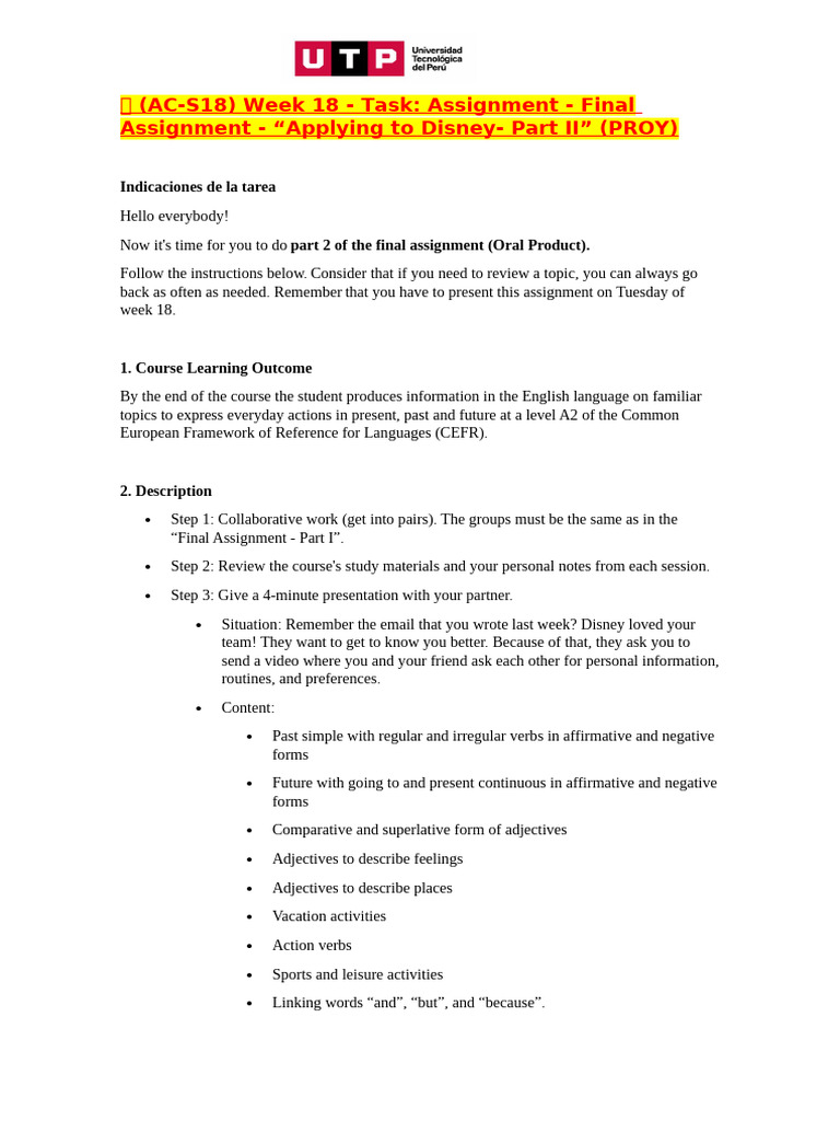 ? (AC-S18) Week 18 - Task Assignment - Final Assignment - "Applying To Disney - Part II" (PROY ...