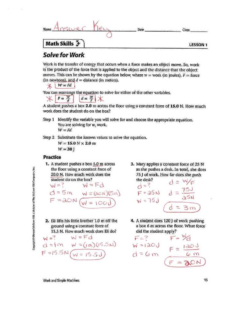 Solving For Work Answer Keys | PDF