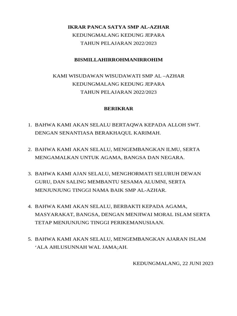 Ikrar Panca Satya SMP Al Azhar Kedung | PDF