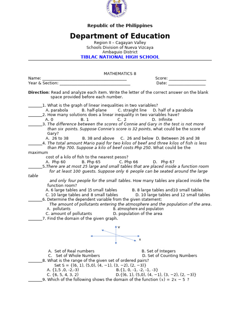 MATHEMATICS 8 Summative Test Q2 | PDF | Function (Mathematics ...