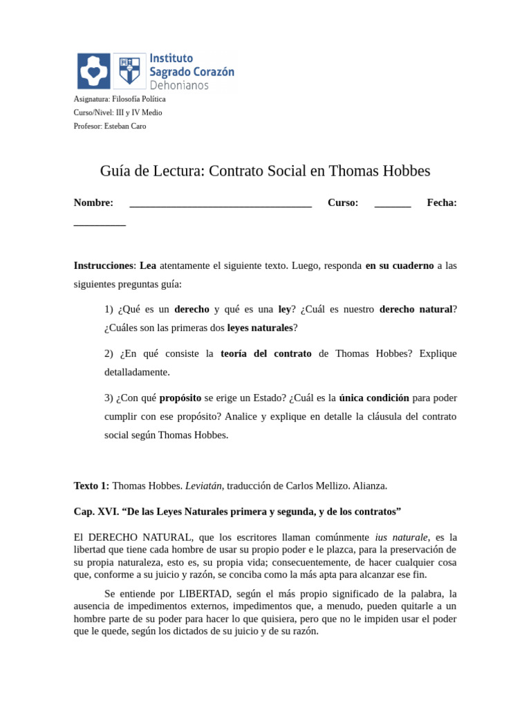 Filosofía Política, Guía de Lectura - Contrato Social en Thomas Hobbes ...