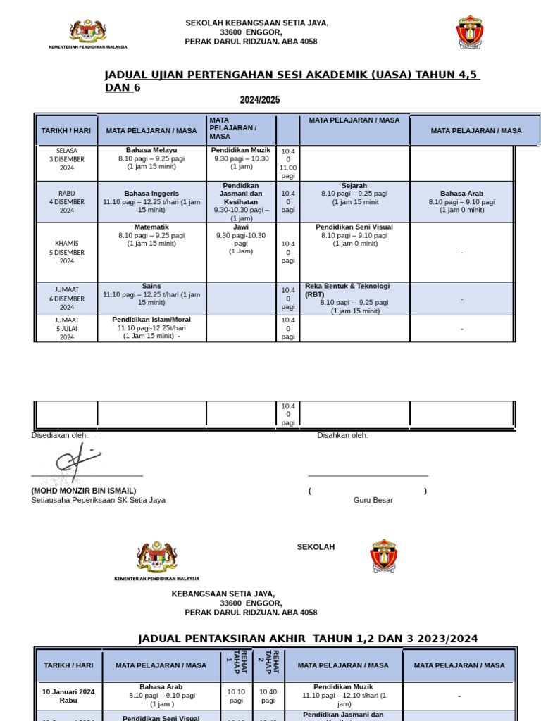 JADUAL UASA 2024 2025 Latest | PDF
