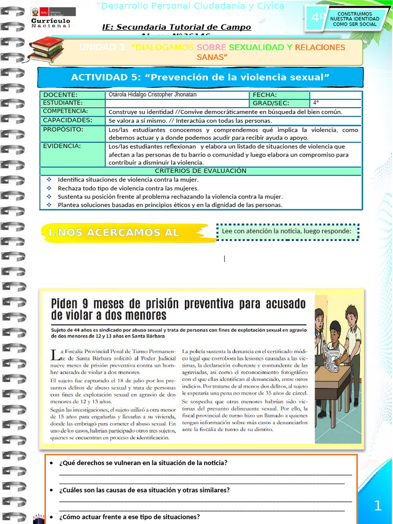 3° DPCC - Actv.05-Unid.3 2023 | PDF | Abuso sexual | Violencia