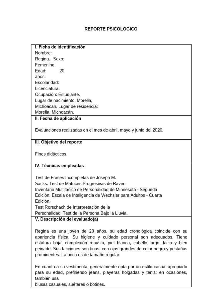 Perfil Psicológico de Regina | PDF | Pensamiento | Ansiedad